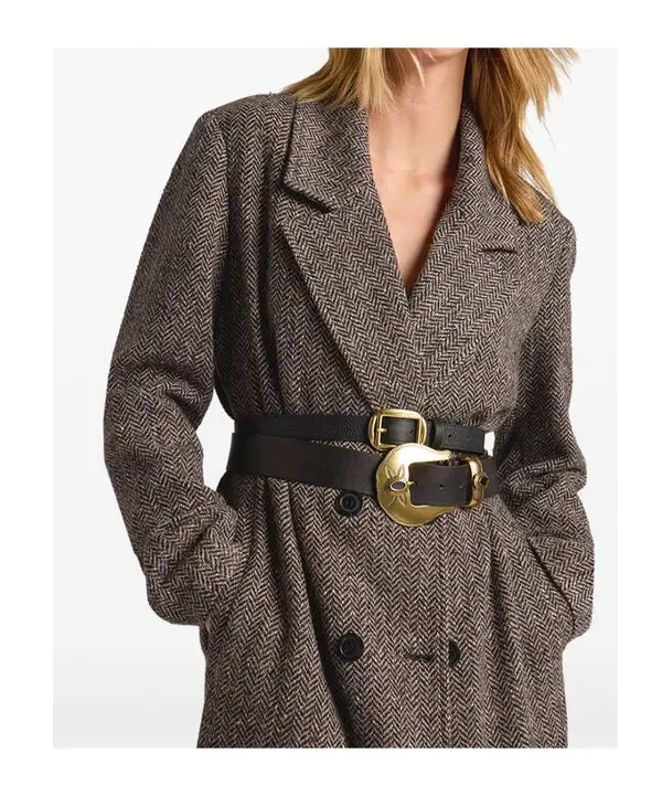 Momoni Elin Double-breasted Herringbone Long Coat - Grey