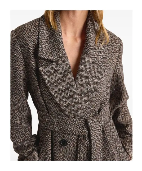 Momoni Elin Double-breasted Herringbone Long Coat - Grey