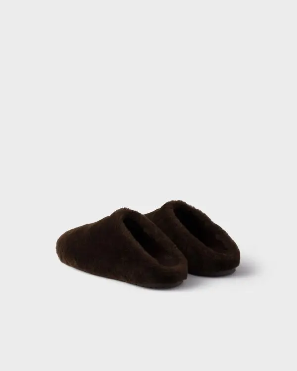 Prada Shearling Mules With Enameled Triangle Logo - Dark Brown