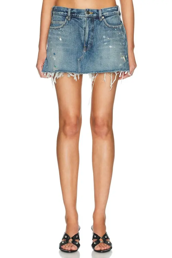 Balenciaga Denim Skort With Paint Splatter And Distressed Finish - Stained Blue