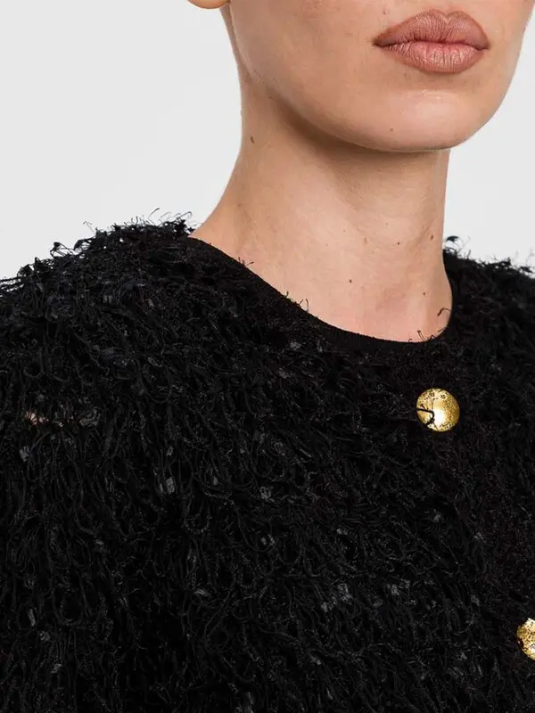 TWINSET Crewneck Cardigan With Metal Buttons And Fringe Detail - Black