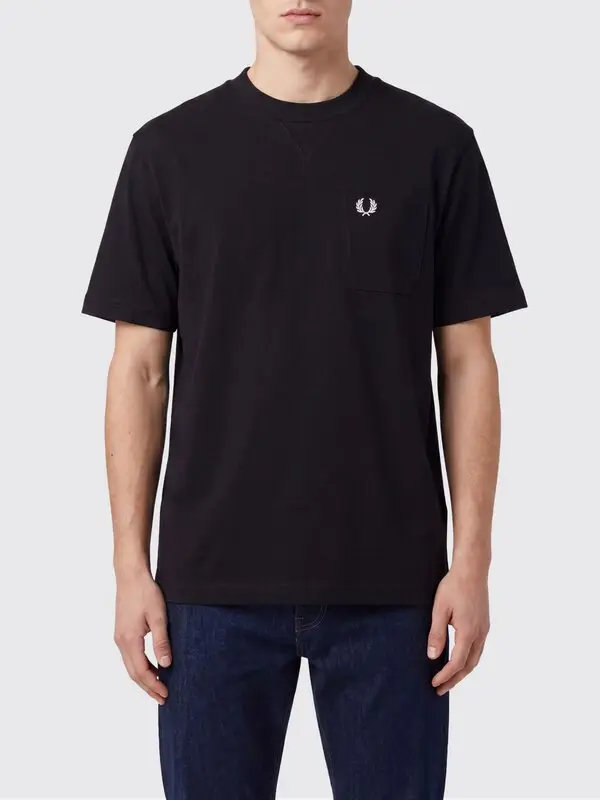 Fred Perry Crewneck Cotton T-shirt With Patch Pocket And Embroidered Logo - Black