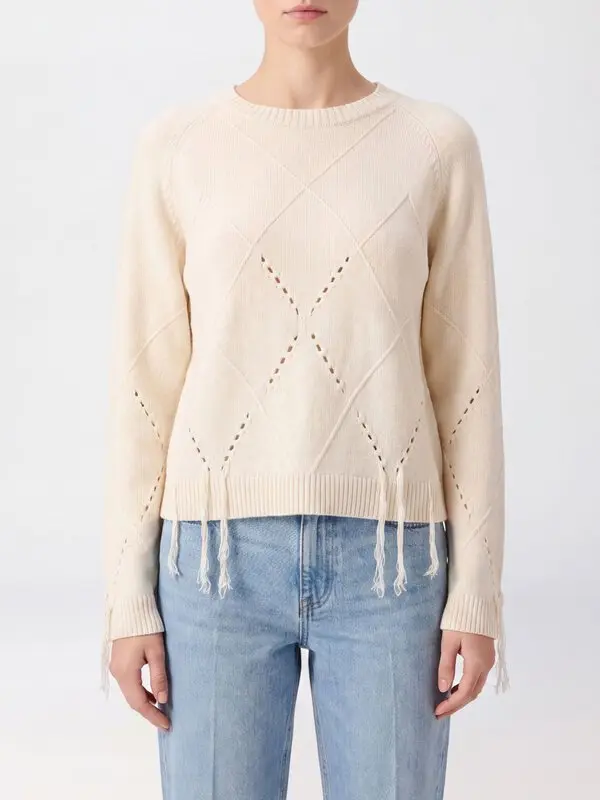 Pinko Argyle Wool & Cashmere Jumper With Fringe - Beige