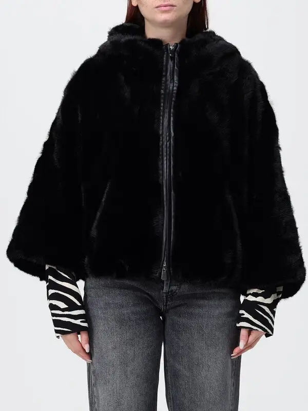 Pinko Hooded Faux Fur Jacket With Zip Closure - Black