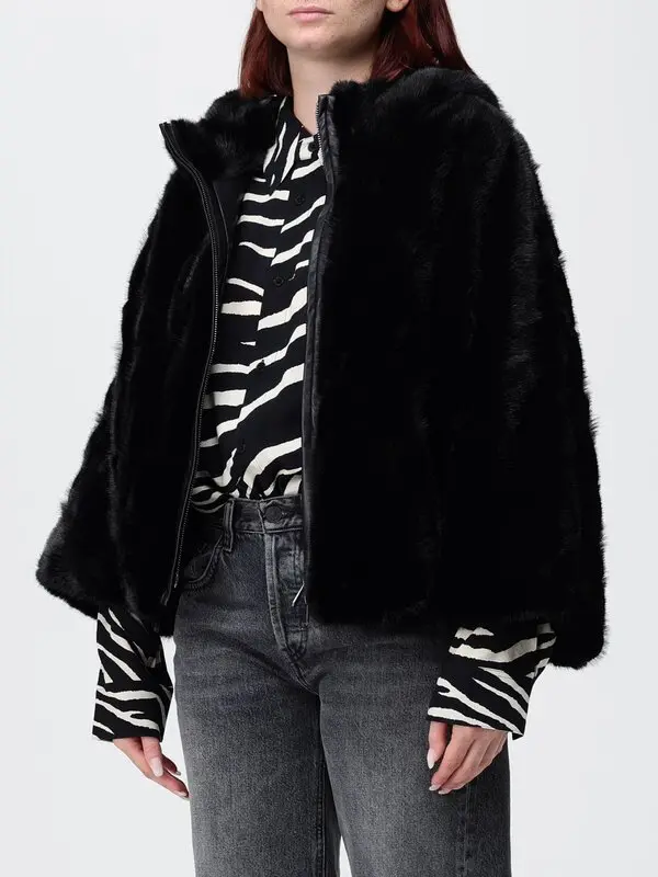 Pinko Hooded Faux Fur Jacket With Zip Closure - Black