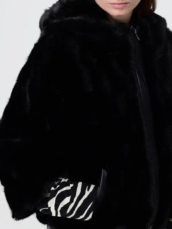 Pinko Hooded Faux Fur Jacket With Zip Closure - Black