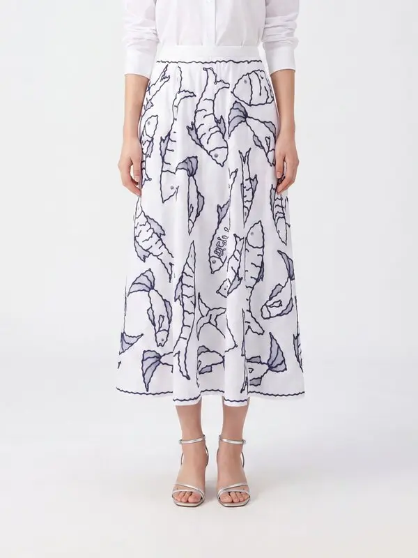 Farm Rio Fresh Fish Graphic Print Linen Blend A-line Midi Skirt With High Waist