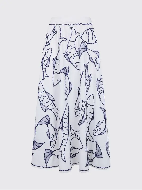 Farm Rio Fresh Fish Graphic Print Linen Blend A-line Midi Skirt With High Waist