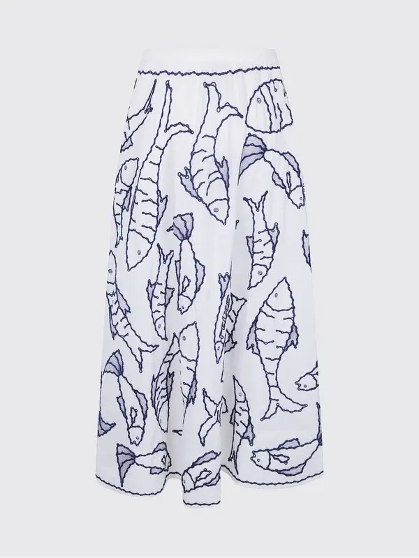 Farm Rio Fresh Fish Graphic Print Linen Blend A-line Midi Skirt With High Waist