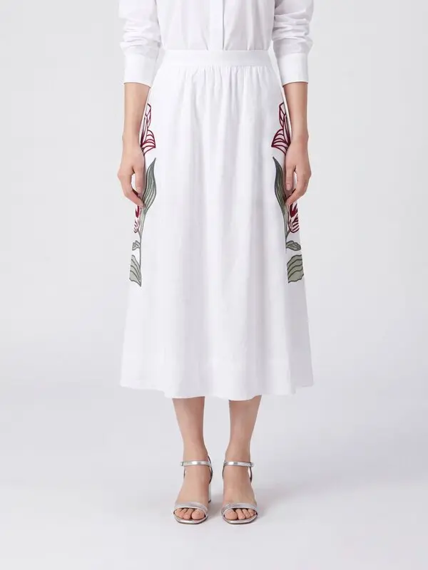 Farm Rio Off- Flower Floral Print Linen A-line Midi Skirt With High Waist