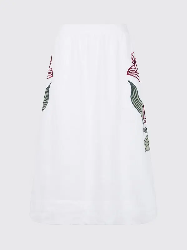Farm Rio Off- Flower Floral Print Linen A-line Midi Skirt With High Waist