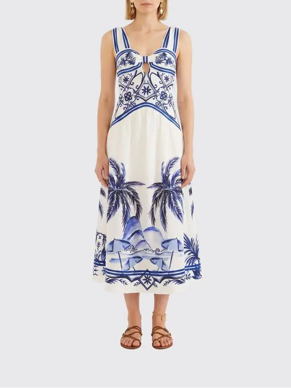 Farm Rio Wonderful City Floral Print Linen Midi Dress With Square Neckline