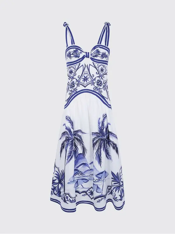 Farm Rio Wonderful City Floral Print Linen Midi Dress With Square Neckline