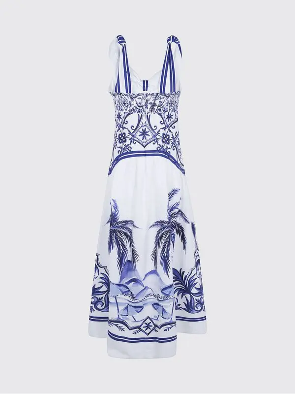 Farm Rio Wonderful City Floral Print Linen Midi Dress With Square Neckline