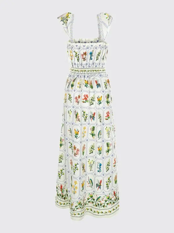 Farm Rio Tropical Porcelain Cotton Mini Dress With Square Neckline