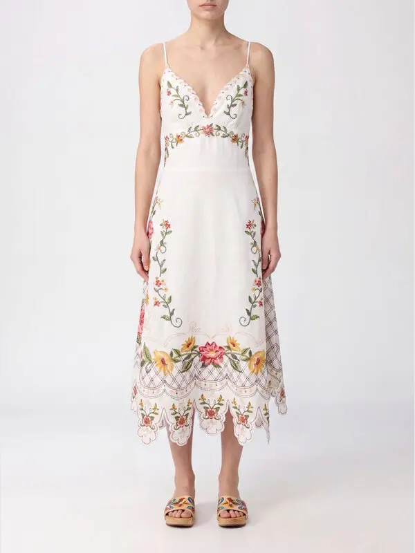 Farm Rio Off- Flower V-neck Floral Print Linen Midi Dress