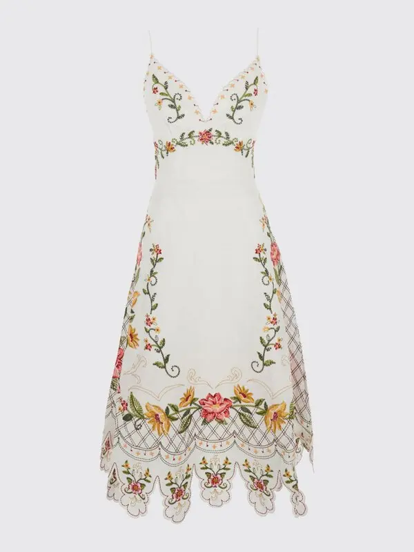 Farm Rio Off- Flower V-neck Floral Print Linen Midi Dress