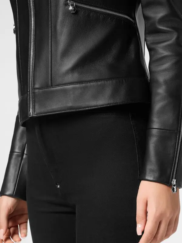 Philipp Plein Cropped Slim Fit Smooth Calfskin Leather Biker Jacket