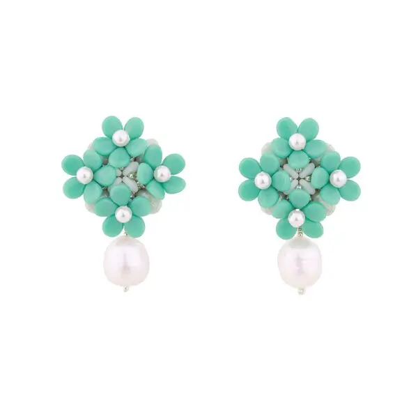Oana Savu White / Blue Turquoise Flower Earrings Freshwater Baroque Pearl Sterling Silver Ear Studs - White/blue