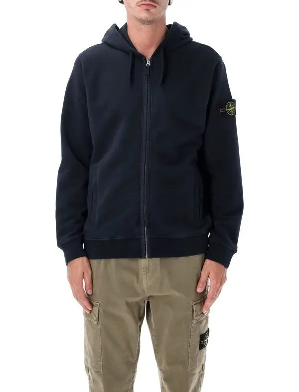 Stone Island Brushed Organic Cotton Full-zip Hoodie With Drawstring Hood And Badge Detail - Blu