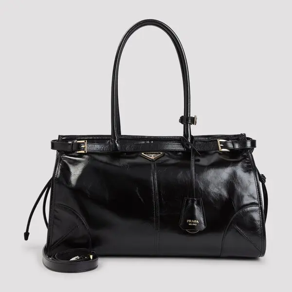 Prada Leather Handbag With Structured Handle, W 38cm X H 23cm X D 13cm - Black