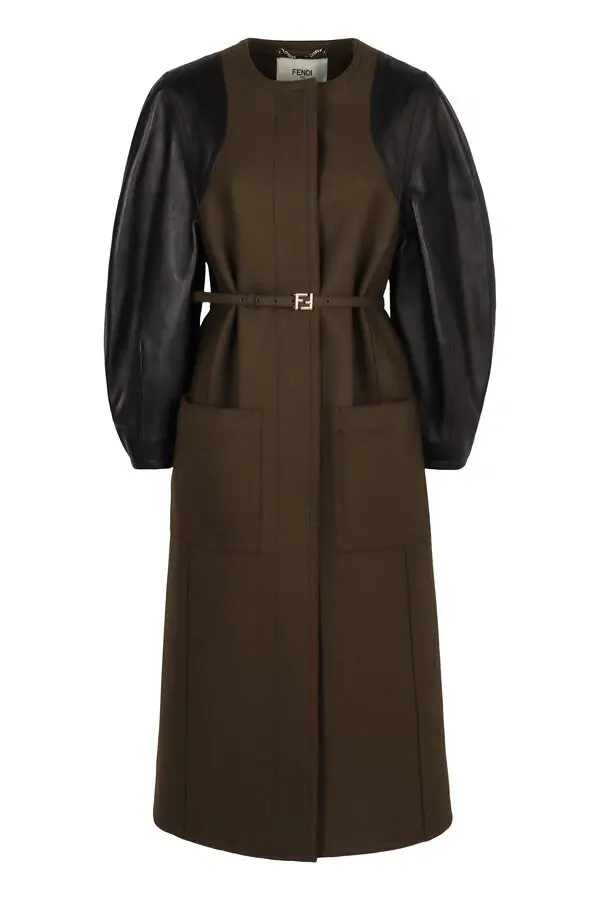 Fendi Felt Wool Cocoon Jacket With Leather-sleeve Belted Waist