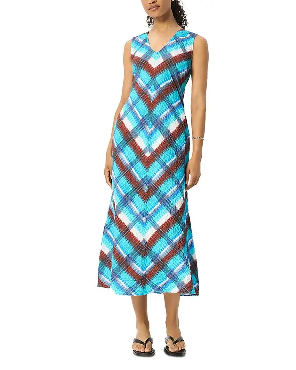 Whistles Textured Checked V Neck Dress - Blue Multi