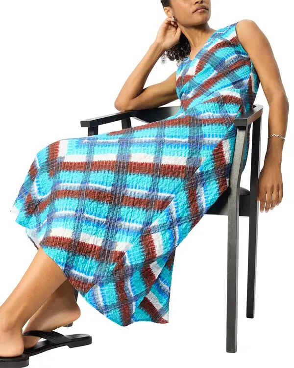 Whistles Textured Checked V Neck Dress - Blue Multi
