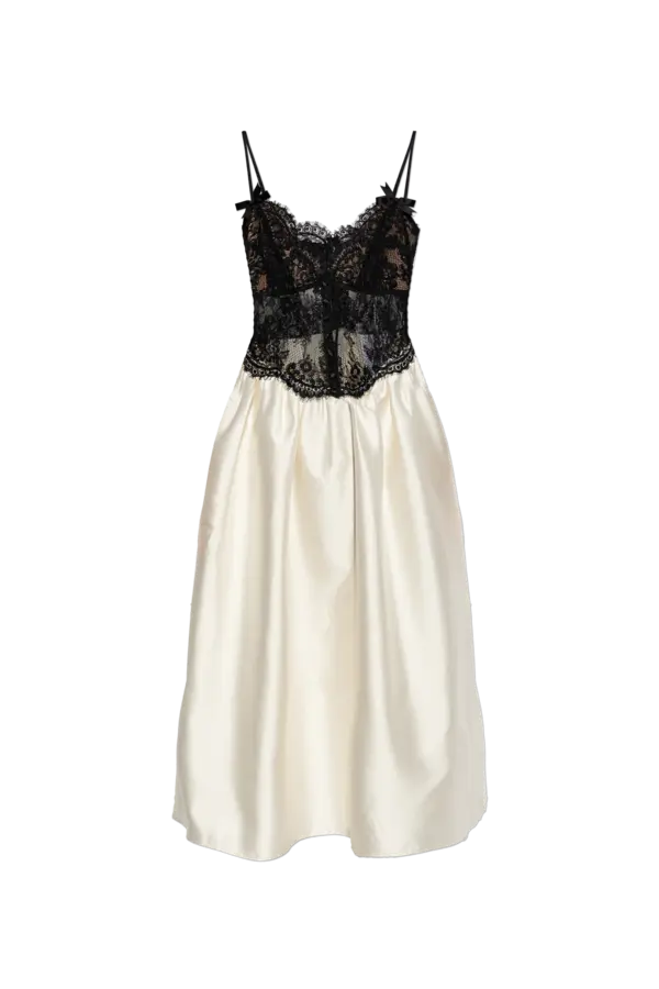 SELF-PORTRAIT Taffeta Dress With Contrasting Lace - Cream