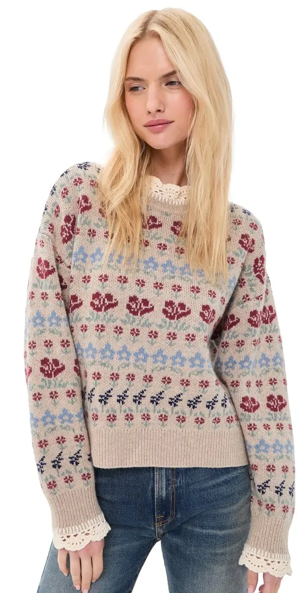 Sea Preston Knit Crew Neck Sweater With Floral Print And Lace Trim - Cream