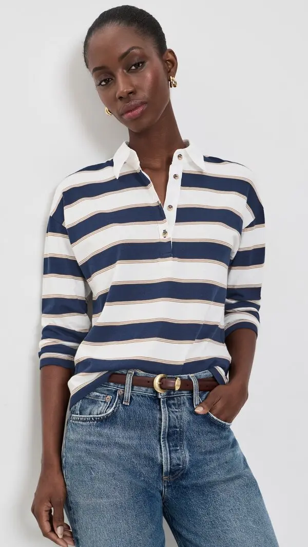Xirena Troy Top, Striped Polo Shirt With Long Sleeves