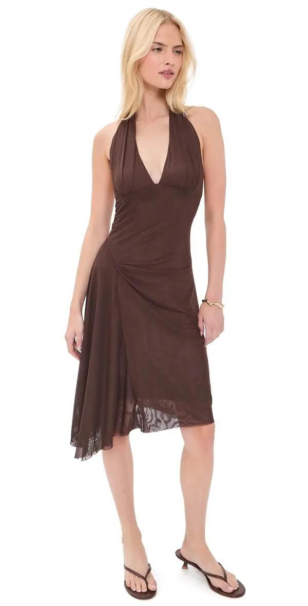 NIA Chiara Halterneck Gathered Mesh Dress - Chocolate