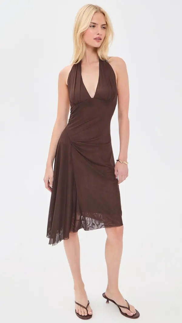 NIA Chiara Halterneck Gathered Mesh Dress - Chocolate