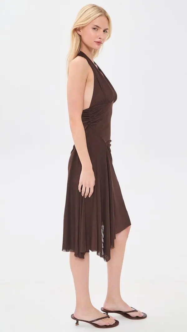 NIA Chiara Halterneck Gathered Mesh Dress - Chocolate