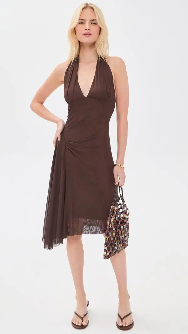 NIA Chiara Halterneck Gathered Mesh Dress - Chocolate