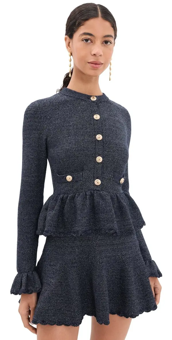 SELF-PORTRAIT Textured Knit Mini Dress With Gold-tone Accents - Navy