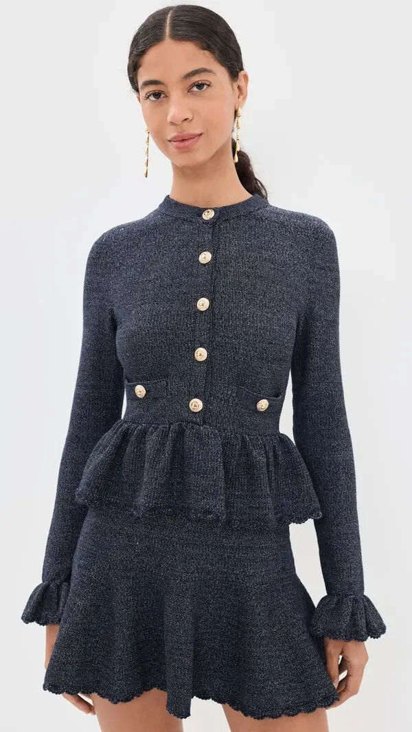 SELF-PORTRAIT Textured Knit Mini Dress With Gold-tone Accents - Navy