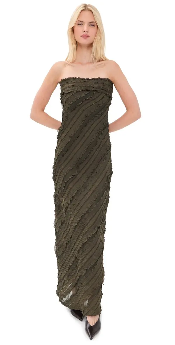 Endless Rose Strapless Ruffled Maxi Dress - Olive Brown