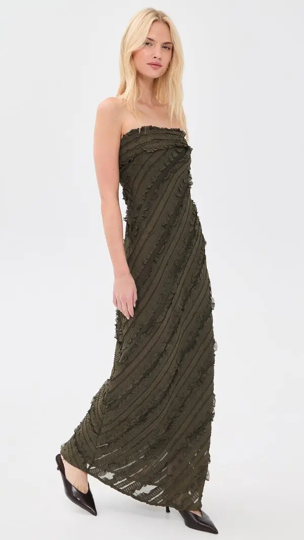 Endless Rose Strapless Ruffled Maxi Dress - Olive Brown