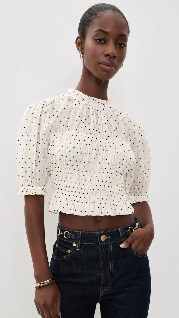 Ulla Johnson Rae Puff Sleeve Cotton Top With Smocked Bodice - Blanc