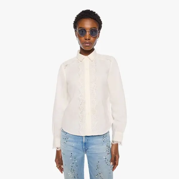 MOTHER The Headup Honey Antique Shirt Embroidered Cotton Blouse - White