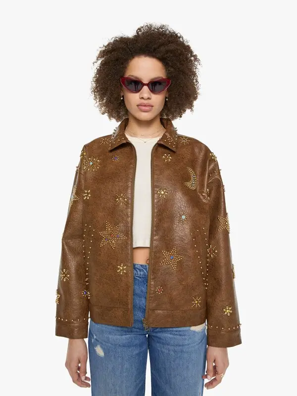 MOTHER The Zip It Faux Leather Jacket With Celestial Embellishments - Cream