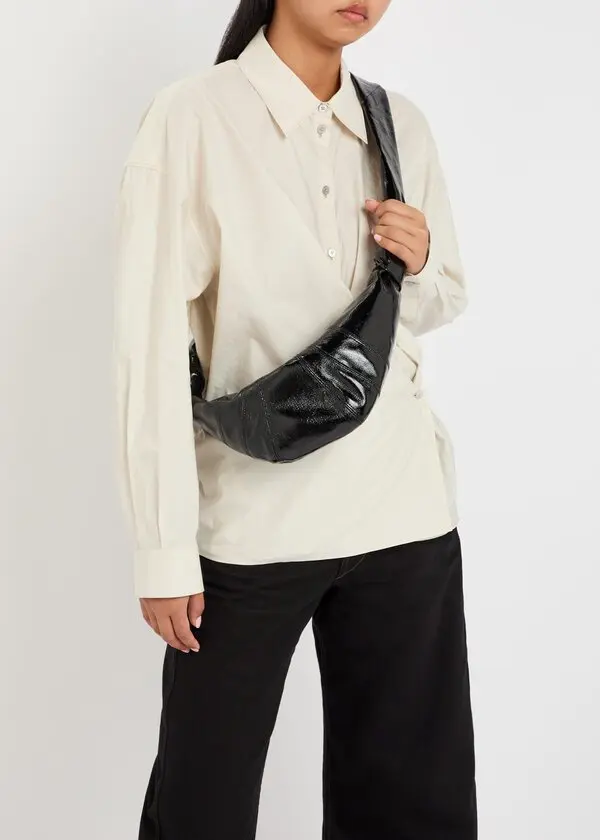 LEMAIRE Croissant Small Glossed Leather Shoulder Bag - Black
