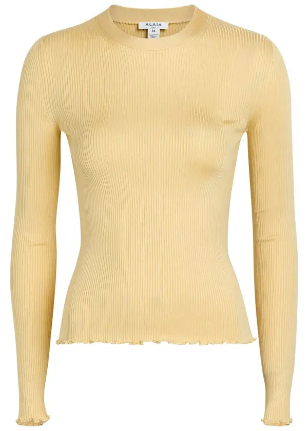 Alaïa Ribbed-knit Silk-blend Top With Scalloped Hem - Yellow Light