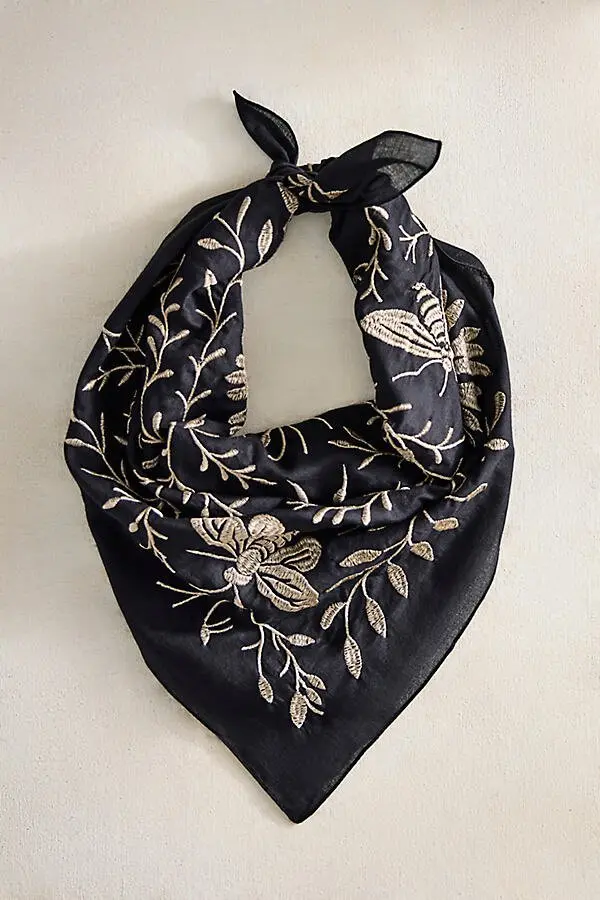 ELIZABETH GILLETT Terra Embroidered Moth + Spider Cotton Bandana - Black