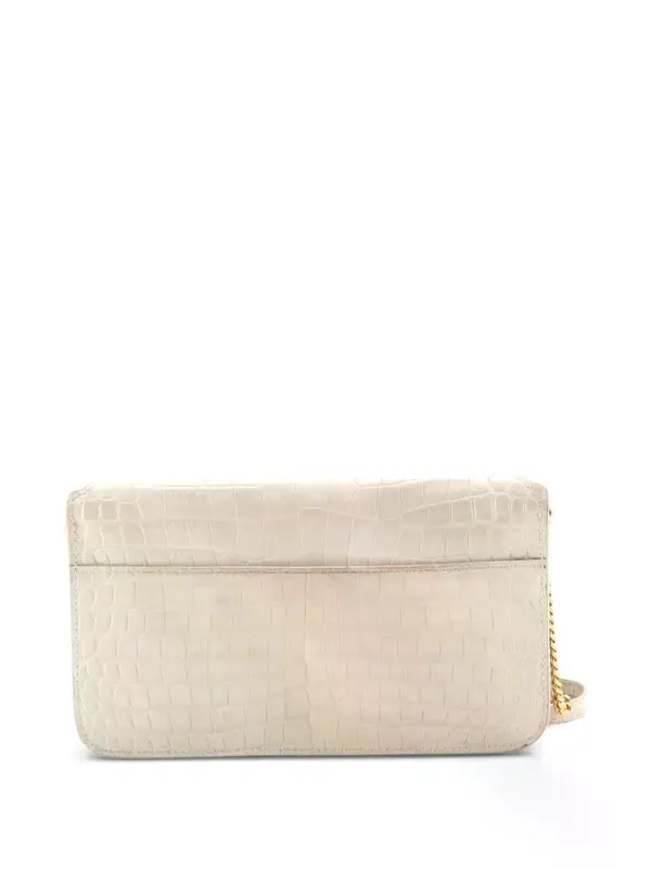 Saint Laurent Monogram Crocodile Embossed Leather Shoulder Bag - White