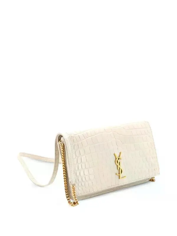 Saint Laurent Monogram Crocodile Embossed Leather Shoulder Bag - White