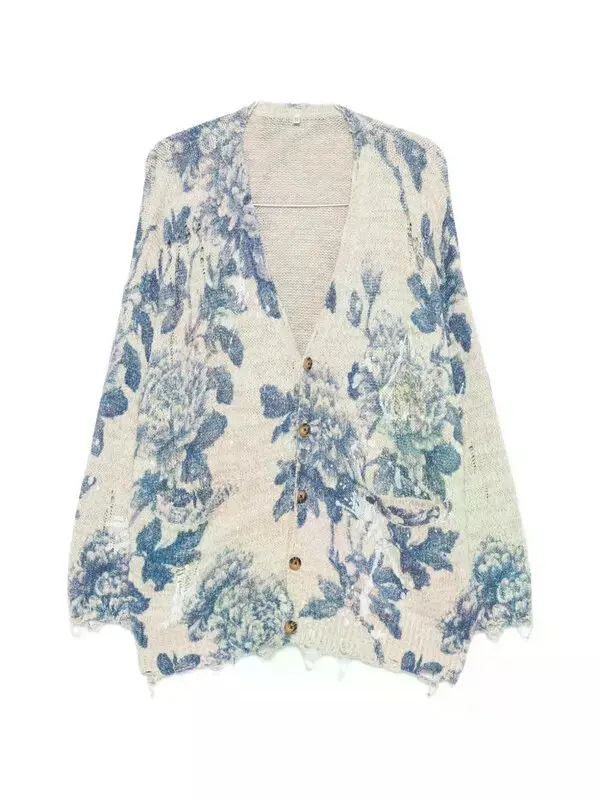 R13 Floral-print Distressed Cardigan - Neutrals