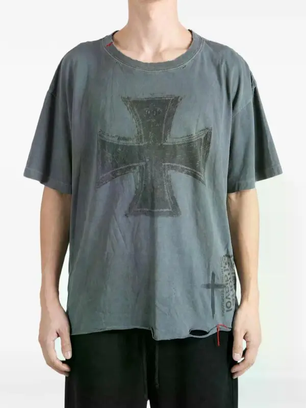 SAITOS Cross-print Distressed T-shirt
