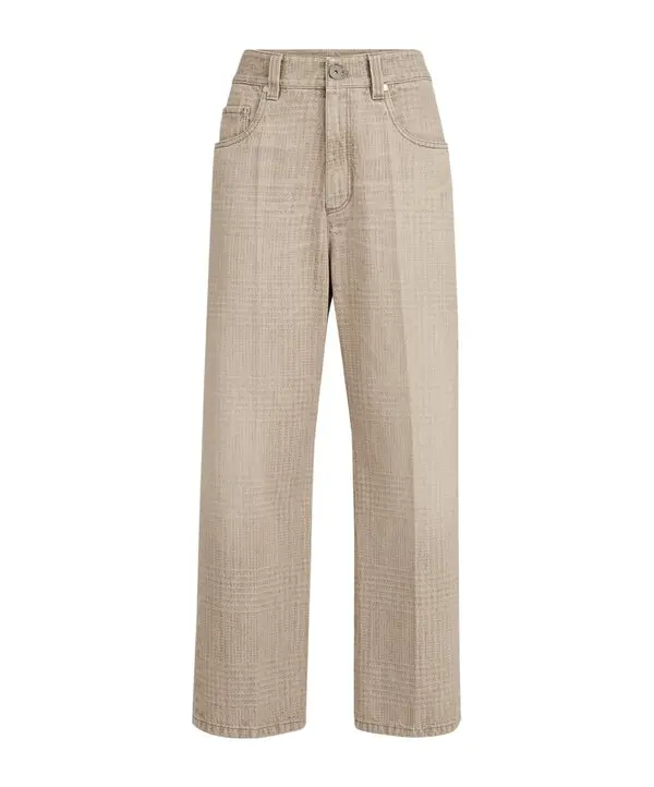 Brunello Cucinelli Prince Of Wales Denim Contemporary Square Trousers With Monili - Sand